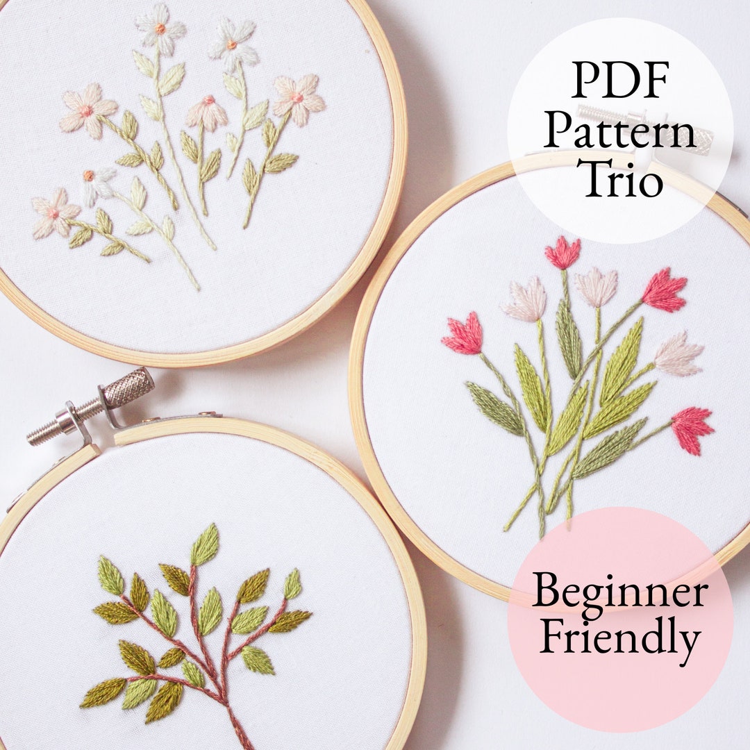 Beginner Blooms Embroidery Pattern Trio, Digital Download, Learn to Embroider, Floral DIY Craft ...