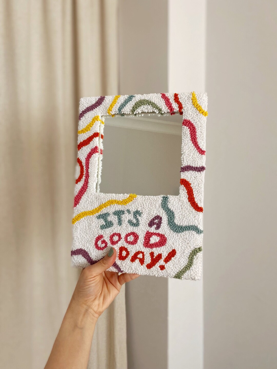 Punch Needle Mirror, Handmade Multicolored Wall Mirror, Housewarming ...