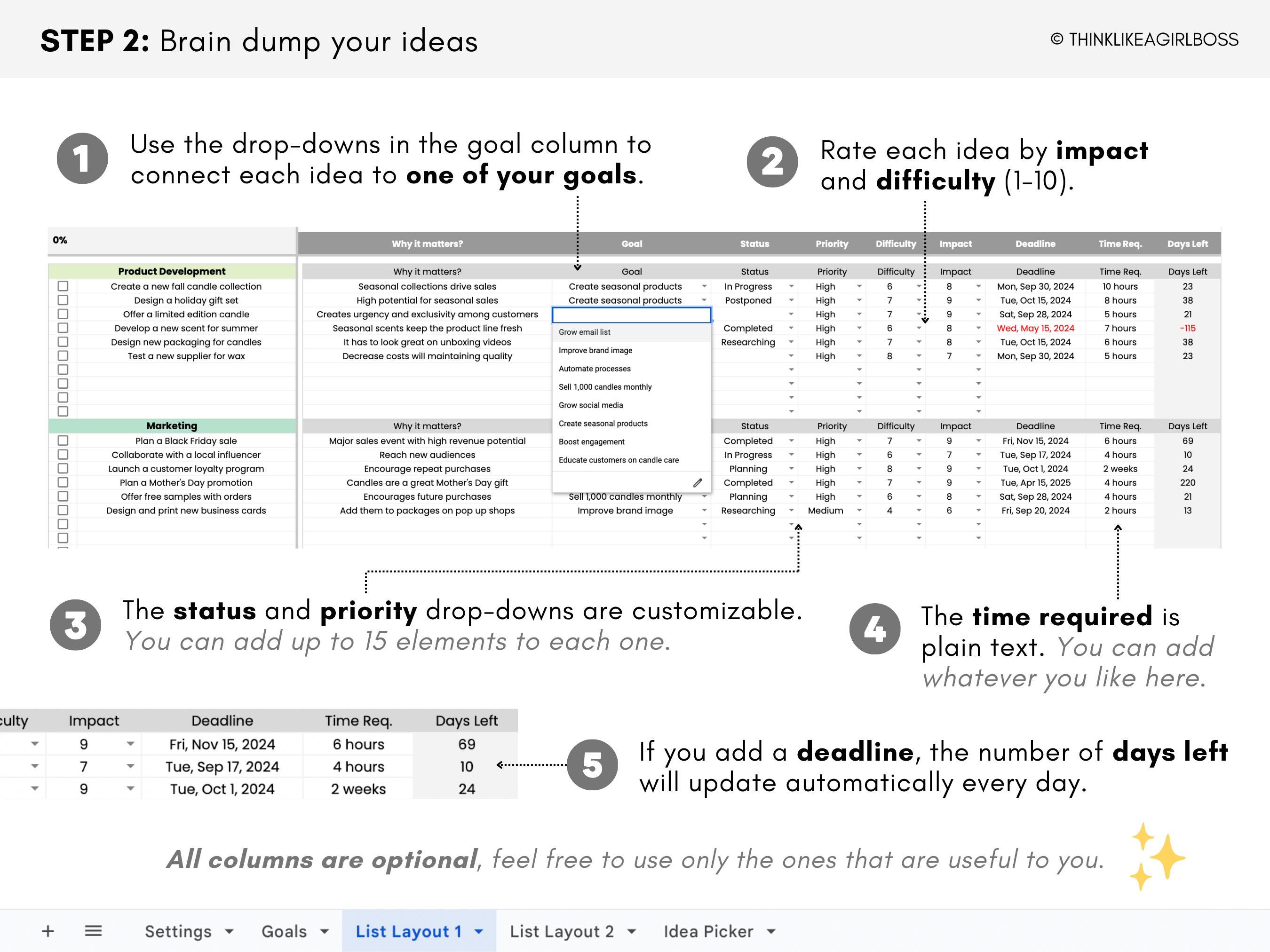 Brain Dump Idea Tracker: Productivity Google Sheets Template - Etsy