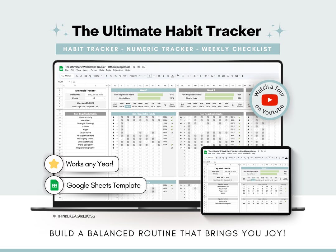 Habit Tracker Spreadsheet, 12 Week Habit Tracker, Digital Planner ...