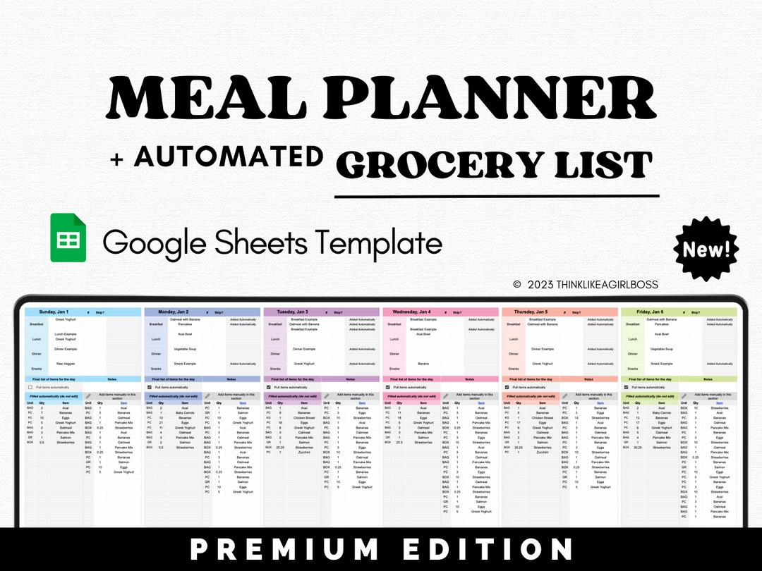 Meal Planner and Automated Grocery List Google Sheets Meal - Etsy UK
