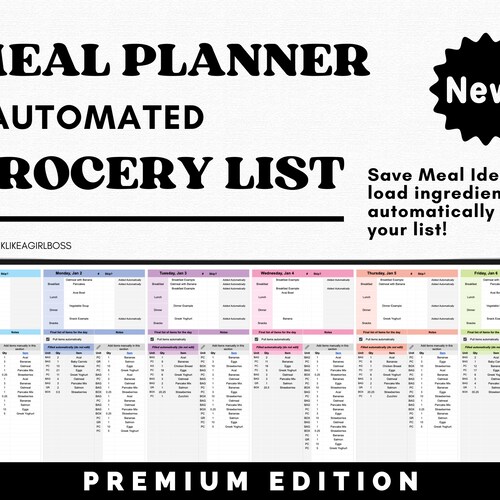 Weekly Meal Planner and Grocery List Google Sheets Digital - Etsy