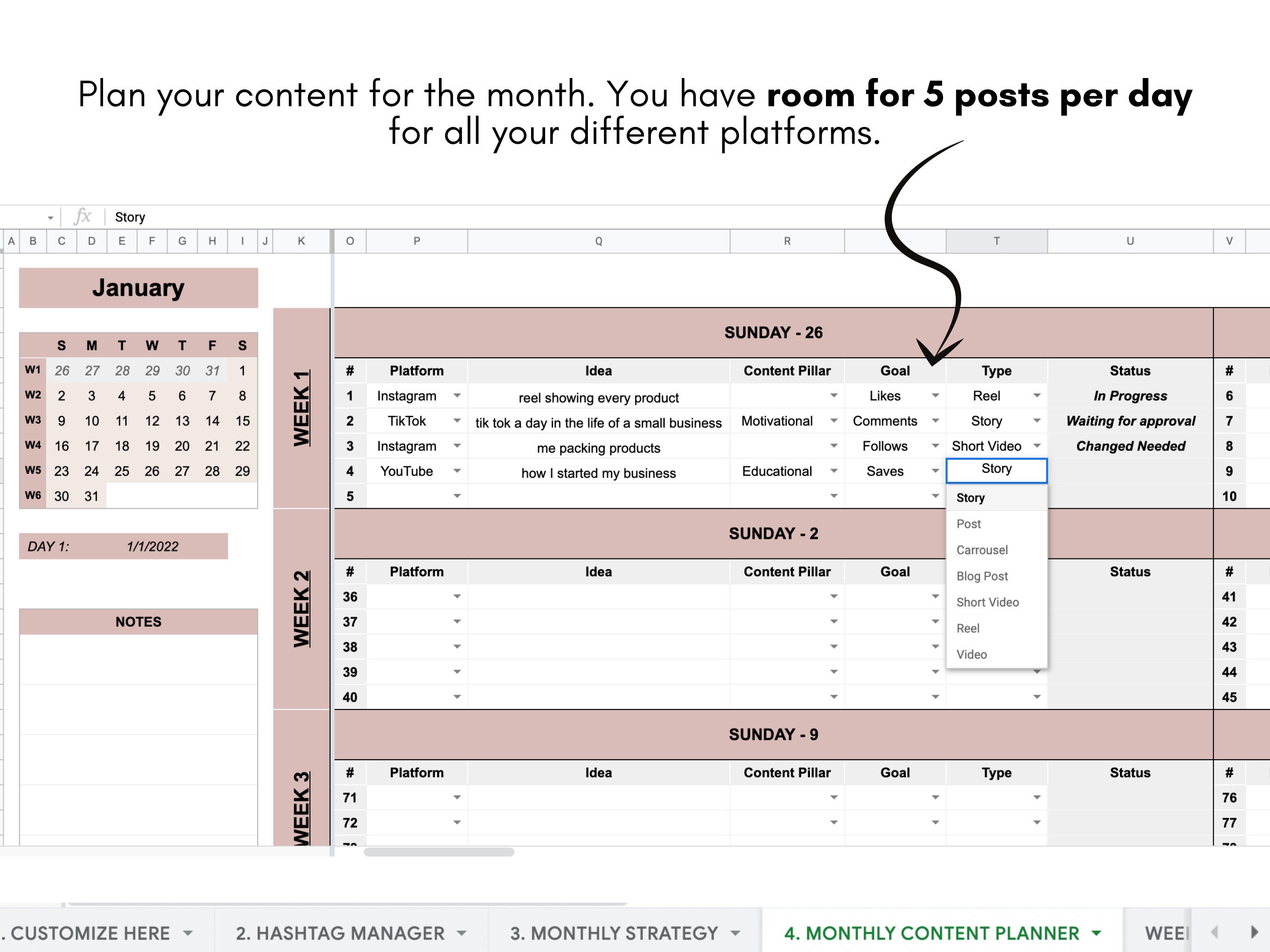 Content Planner Google Sheets Social Media Content Calendar - Etsy