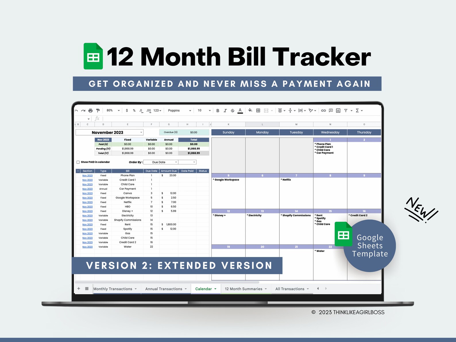 Bill Tracker Spreadsheet: Payment Calendar, Budget Template (google ...