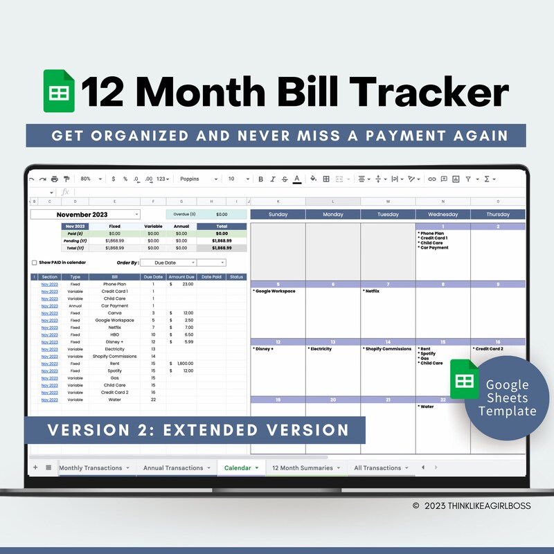 12 Month Bill Spreadsheet - Etsy