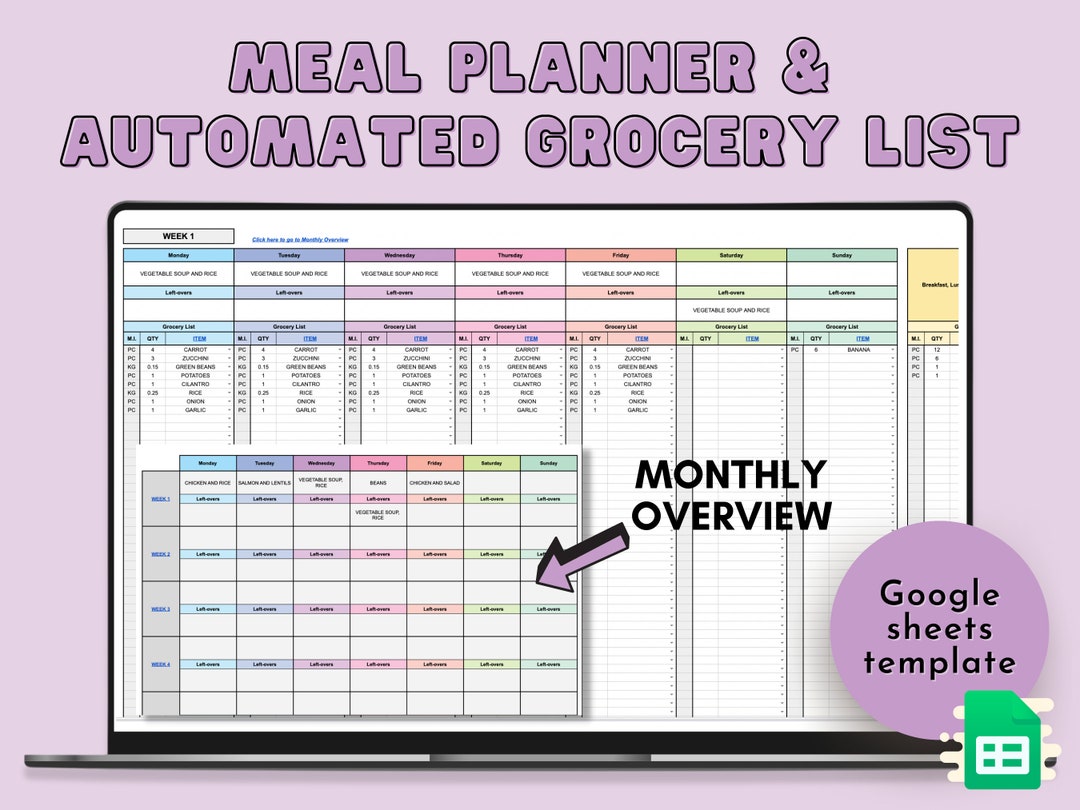 Weekly Meal Planner And Grocery List Google Sheets Digital Etsy Weekly Meal Planner And Grocery List Google Sheets Digital Etsy