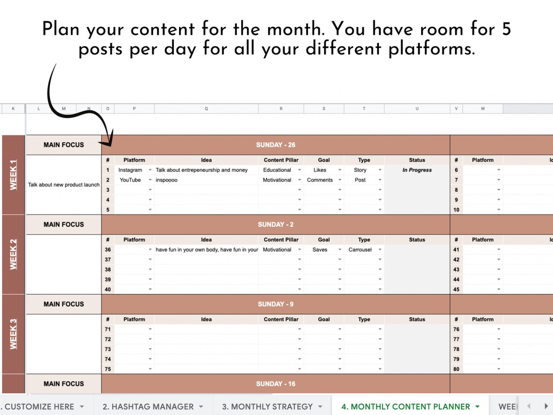 Content Planner Google Sheets Social Media Content Calendar - Etsy