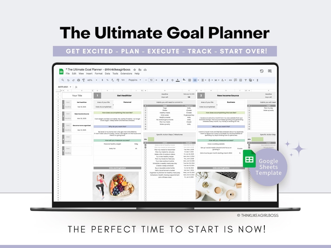 Digital Goal Planner, Google Sheets Template, Goal Tracker Spreadsheet ...