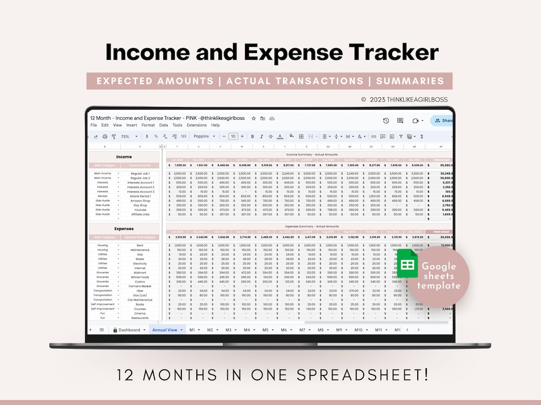 12 Month Income and Expense Tracker Undated Google Sheets Spreadsheet ...