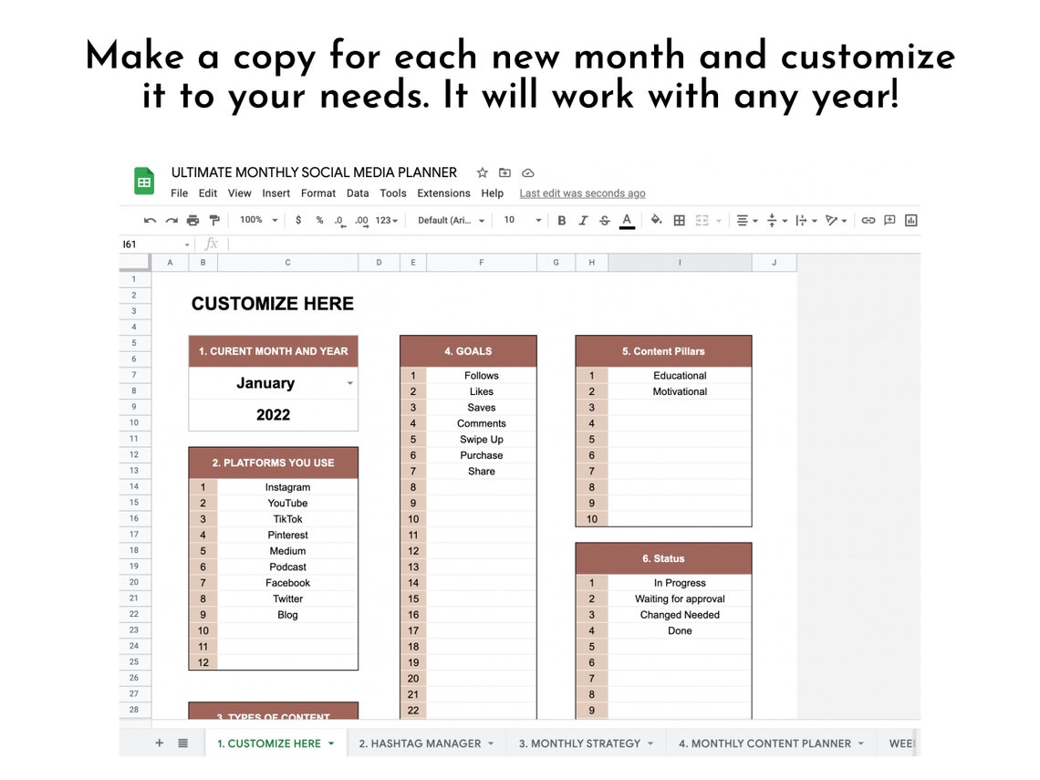 Content Planner Google Sheets Social Media Content Calendar - Etsy