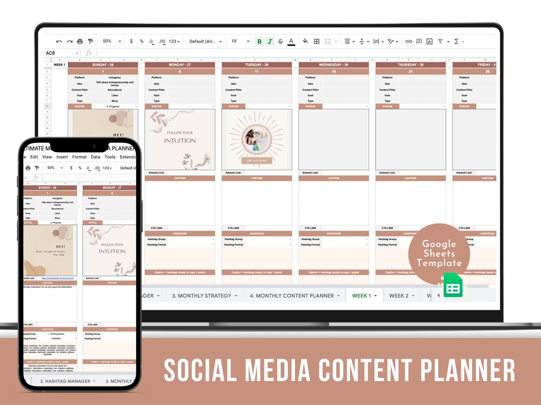 Content Planner Google Sheets, Social Media Content Calendar, Social ...