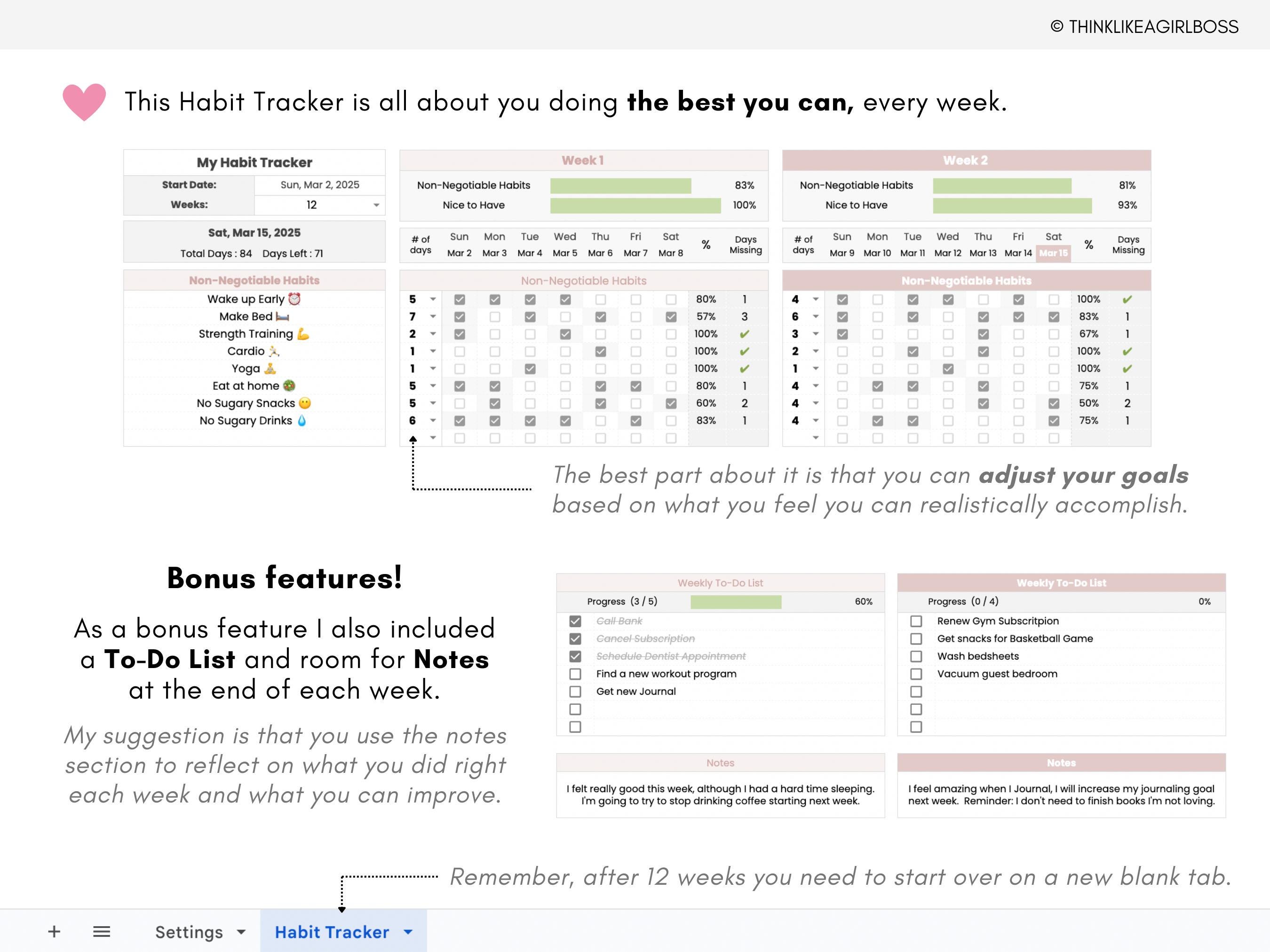 12-week Habit Tracker: Google Sheets Digital Planner Template - Etsy