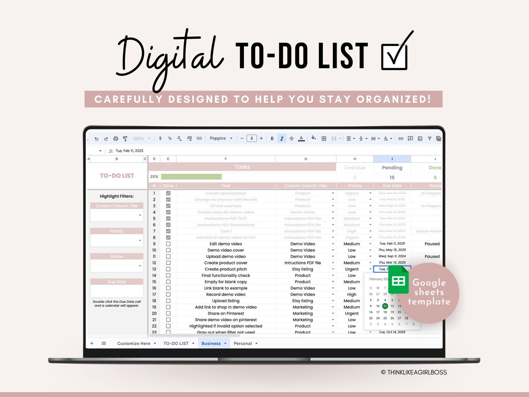 To-do List - Task Planner Spreadsheet - Google Sheets Template - Task ...