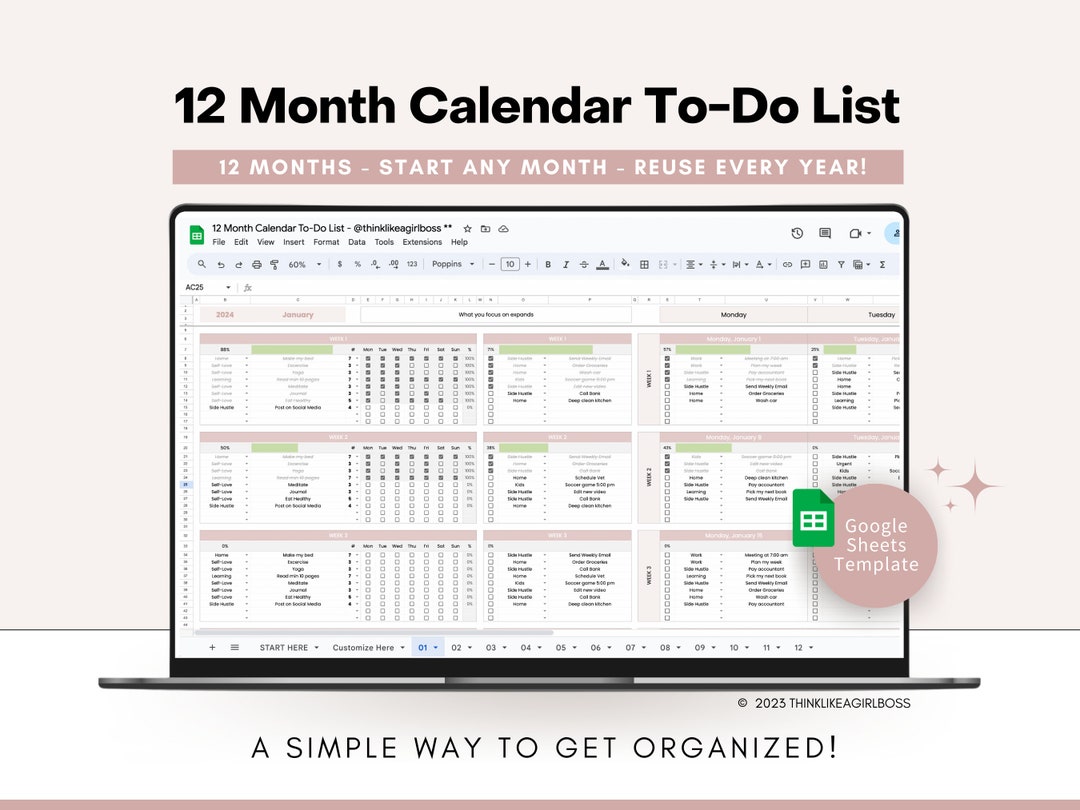 12 Month Calendar To-do List: Undated Google Sheets Template (digital ...