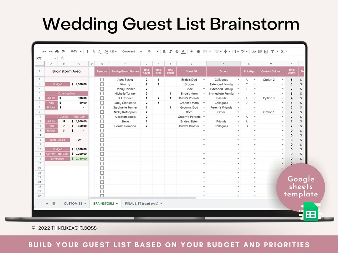 Wedding Guest List Planner Google Sheets Template Wedding - Etsy