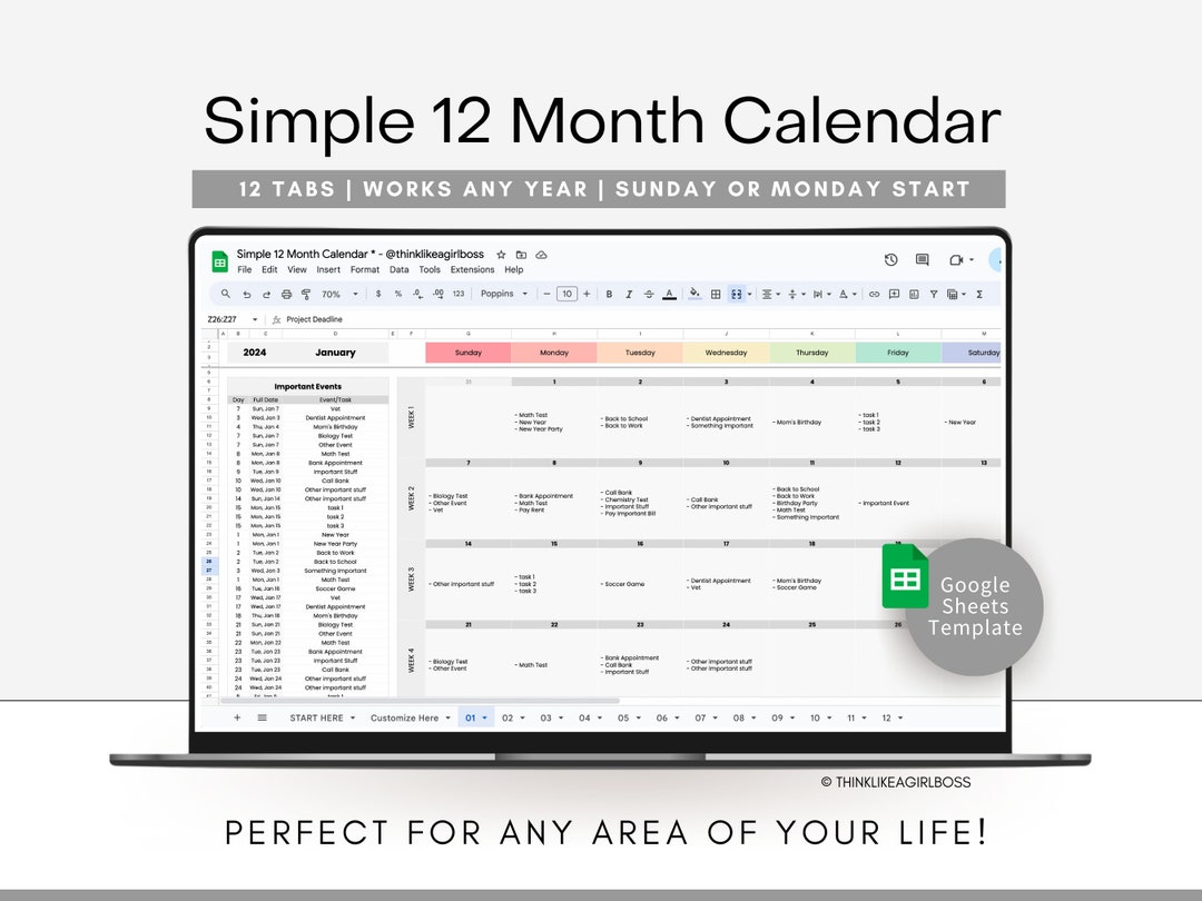 12 Month Calendar Spreadsheet: Undated Digital Planner (google Sheets ...