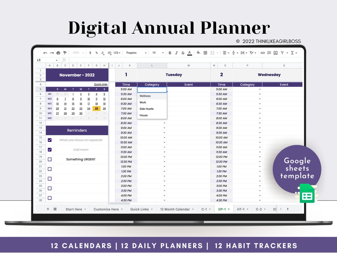 Digital Annual Planner Undated Productivity Planner Google - Etsy