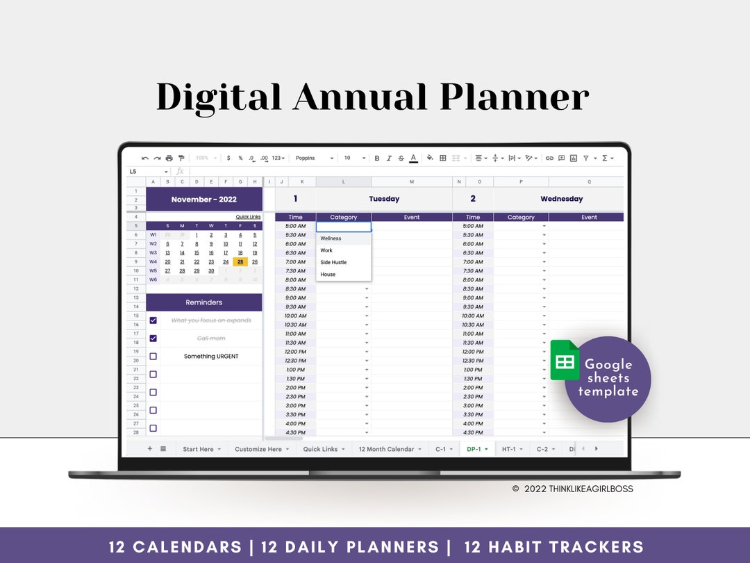 Digital Annual Planner, Undated Productivity Planner, Google Sheets ...