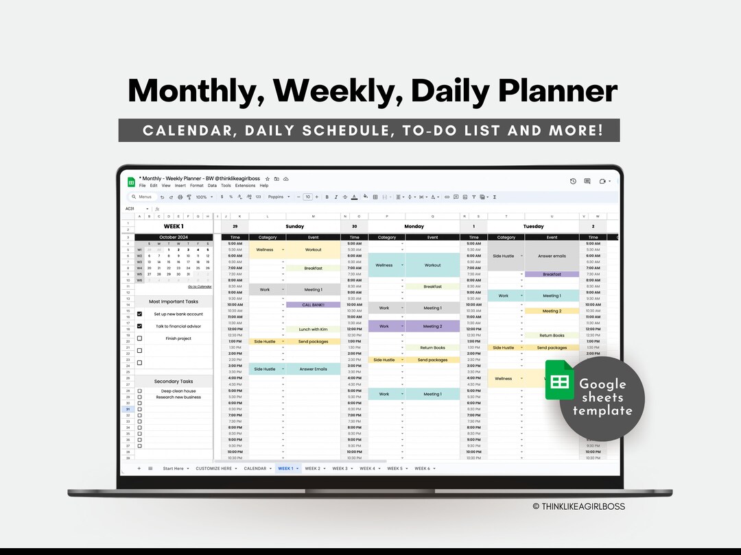 Google Sheets to Do List, Undated Weekly Planner, Monthly Calendar ...