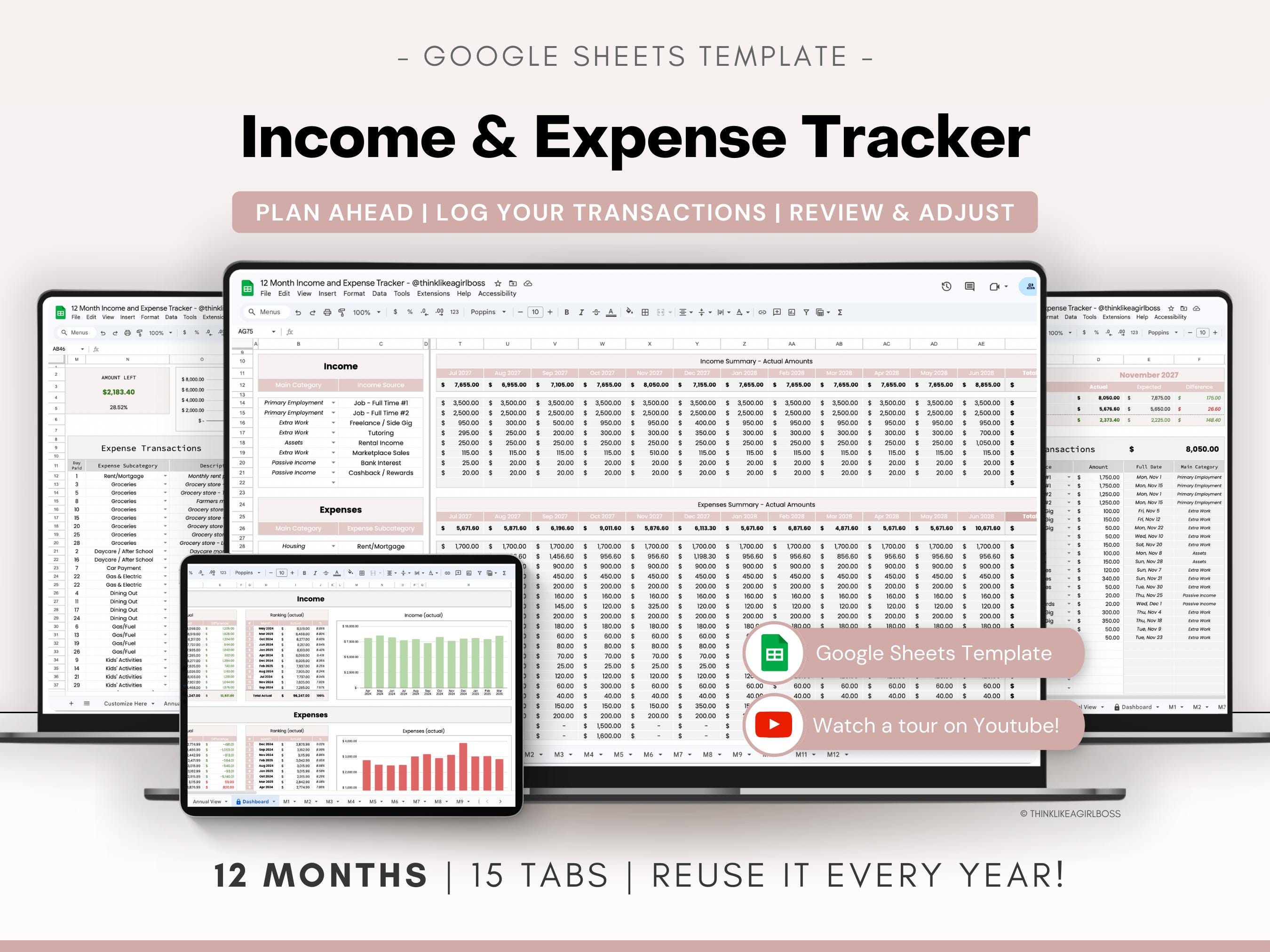 12 Month Income and Expense Tracker Undated Google Sheets Spreadsheet ...