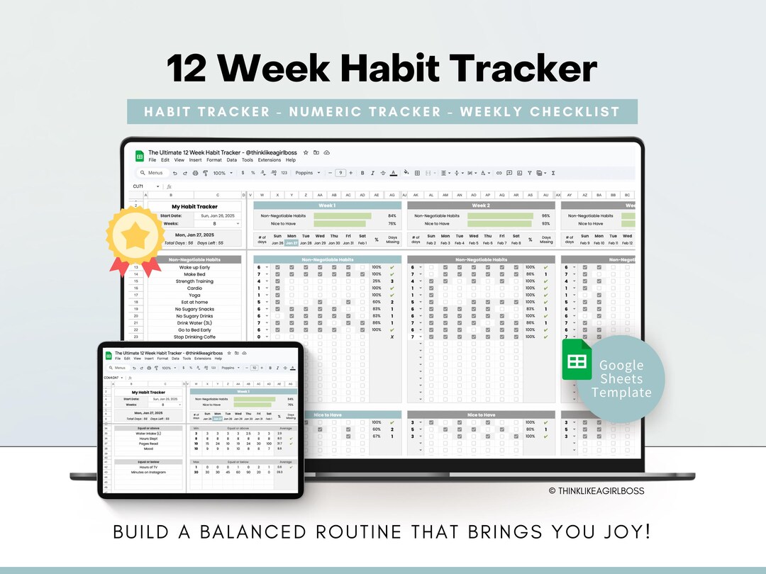 Habit Tracker Spreadsheet, 12 Week Habit Tracker, Digital Planner ...