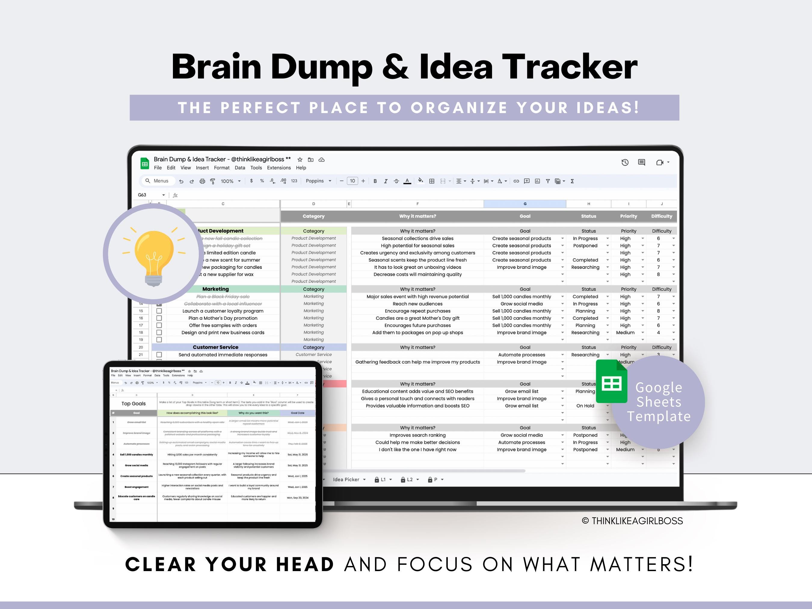 Brain Dump Idea Tracker: Productivity Google Sheets Template - Etsy