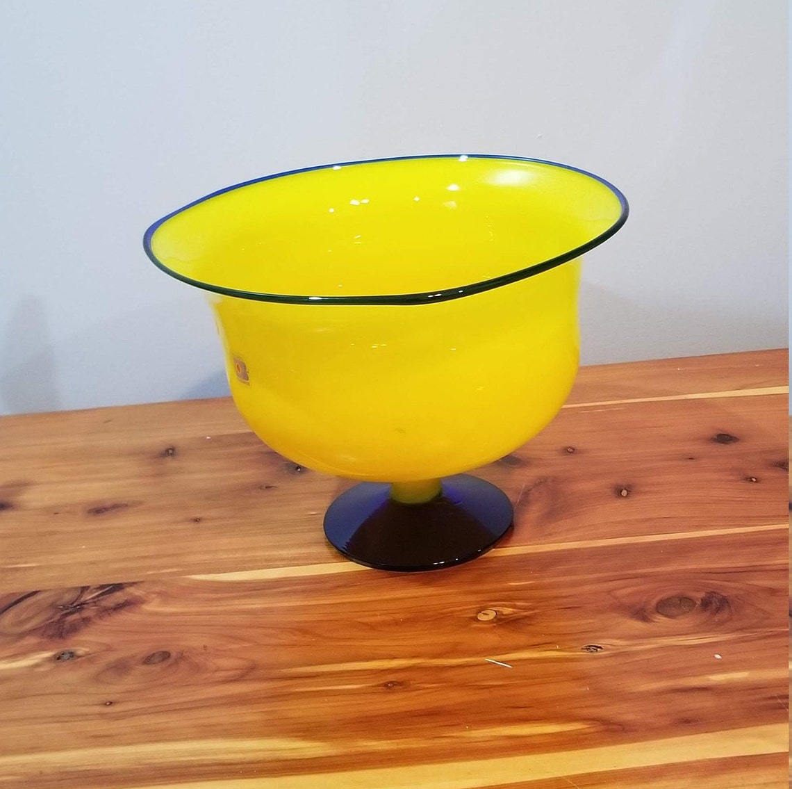 Handmade BLENKO Opaline Yellow & Blue Pedestal Bowl Accent Hard to Find ...