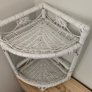 Vintage White Wicker Two Tier Knick Knack Corner Shelf White 20” Tall ...