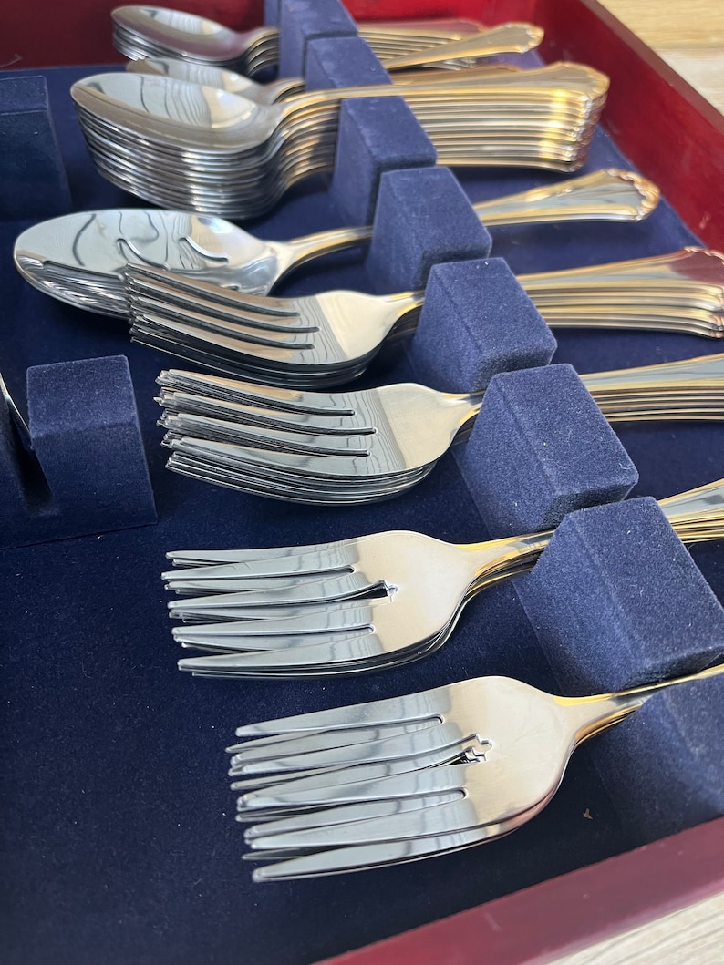 Vintage Silverware Set With Cherry Wood Case Royal Blue Velvet Interior ...