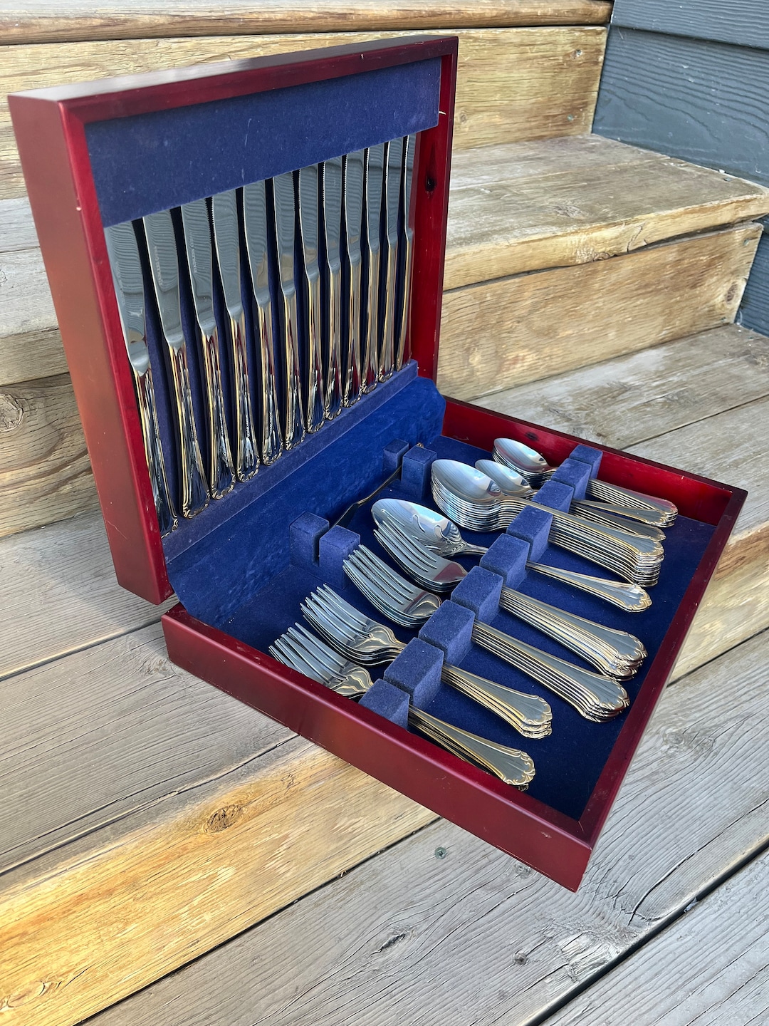 Vintage Silverware Set With Cherry Wood Case Royal Blue Velvet Interior ...