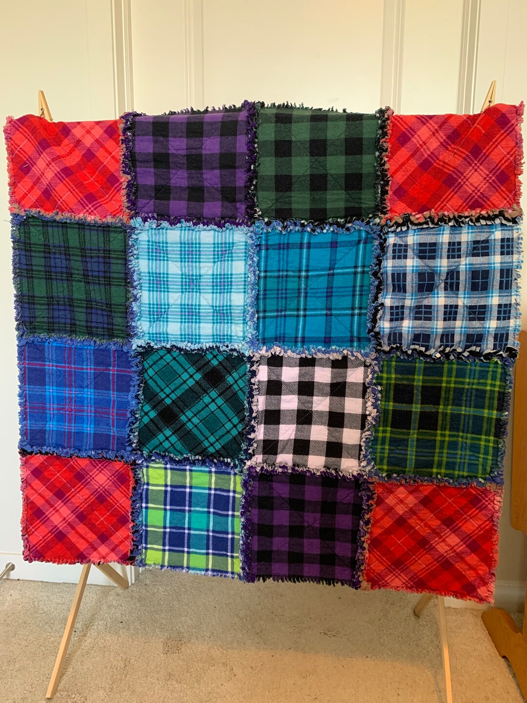 Patchwork 32 X32” Multi-coloured Plaid Rag Quilt Baby Blanket Lap Quilt ...