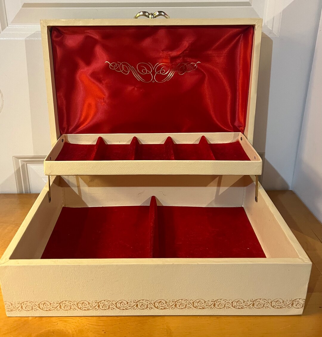 Vintage Jewelry Box Cream Coloured Vinyl Exterior Red Velvet and Satin ...