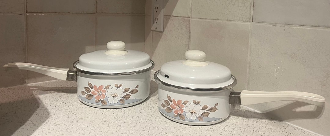 Vintage Enamel Cooking Pots With Lids Set of 2 White With Flowers Retro ...