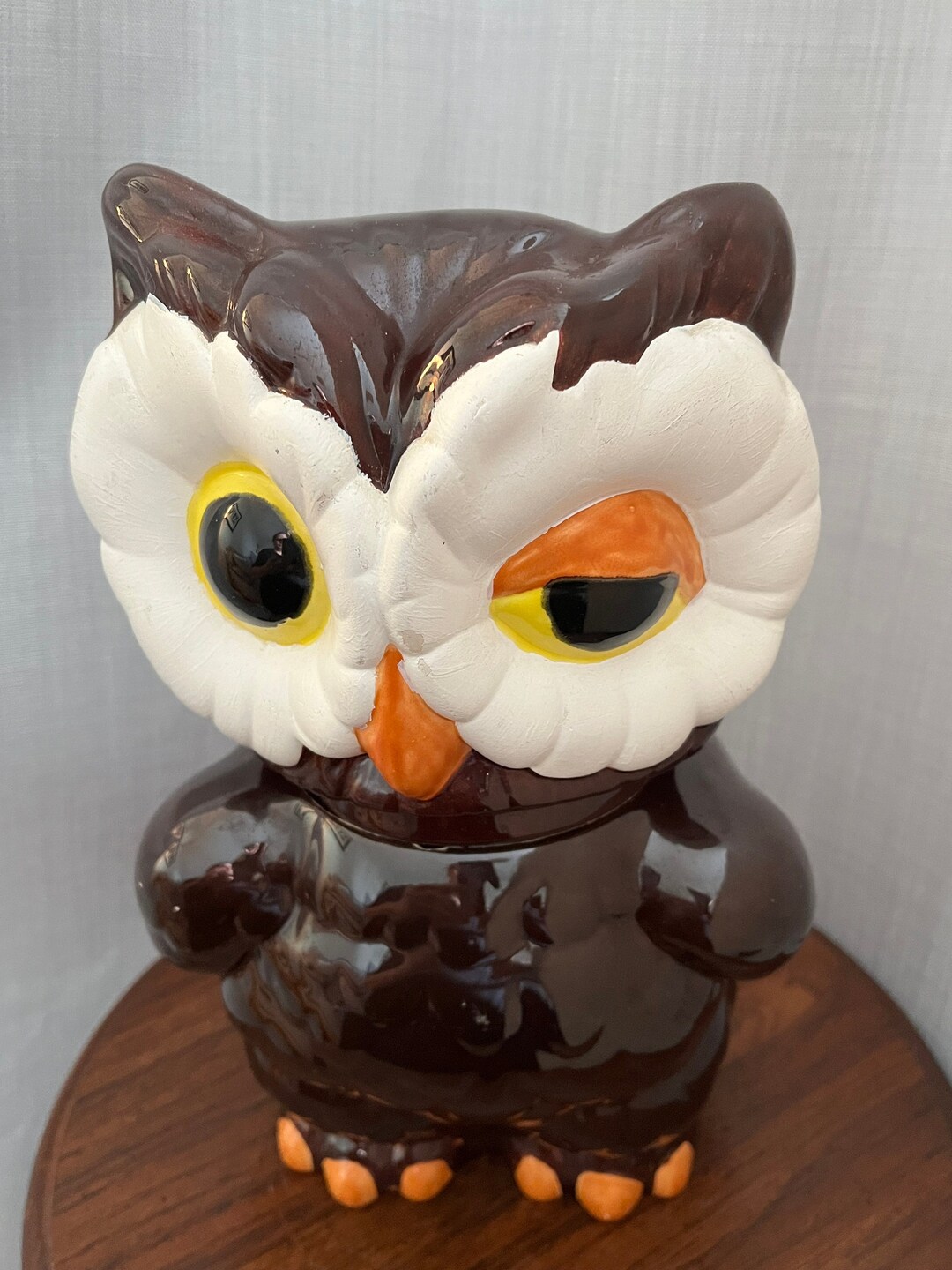 Vintage Ceramic Brown Owl Cookie Jar With One Sleepy Eye Mid Century ...