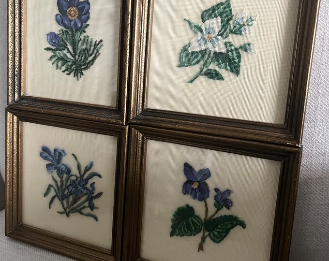 Four Vintage Needlepoint Blue Flowers Pictures in Frames Choose Your ...