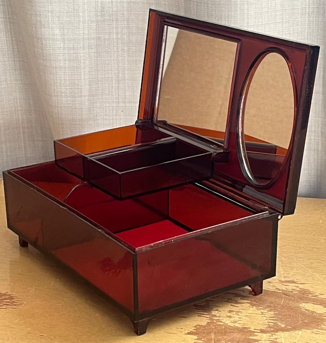 Mirrored Burgundy Bakelite Jewelry Box With Hinged Lid Red Velvet ...