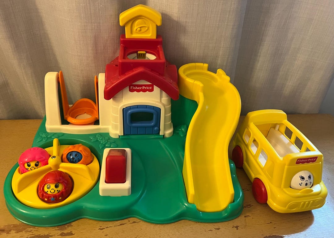 Vintage 1995 Fisher Price Roll A Round Playground and School Bus With 3 ...