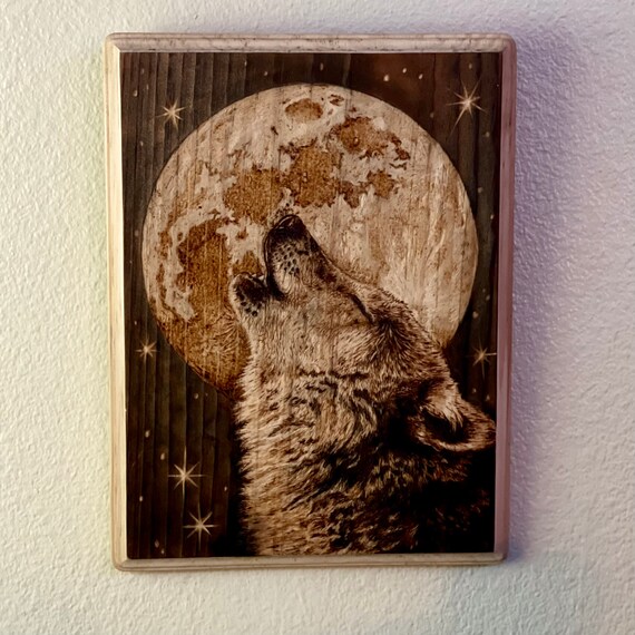 Wood Burned Wolf & Moon Pyrography Wall Hanging - Etsy