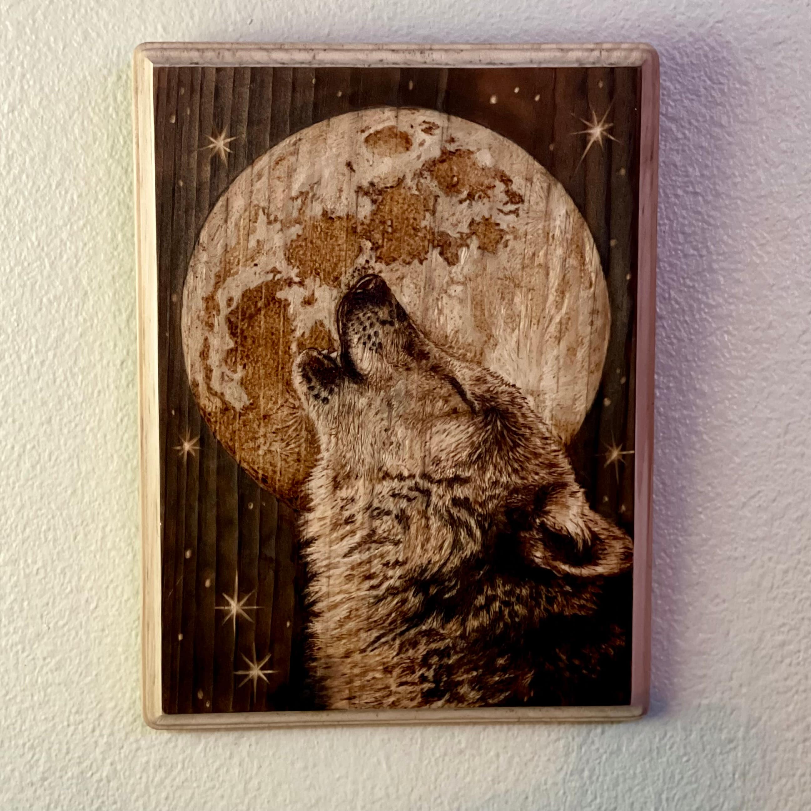 Wood Burned Wolf & Moon Pyrography Wall Hanging - Etsy