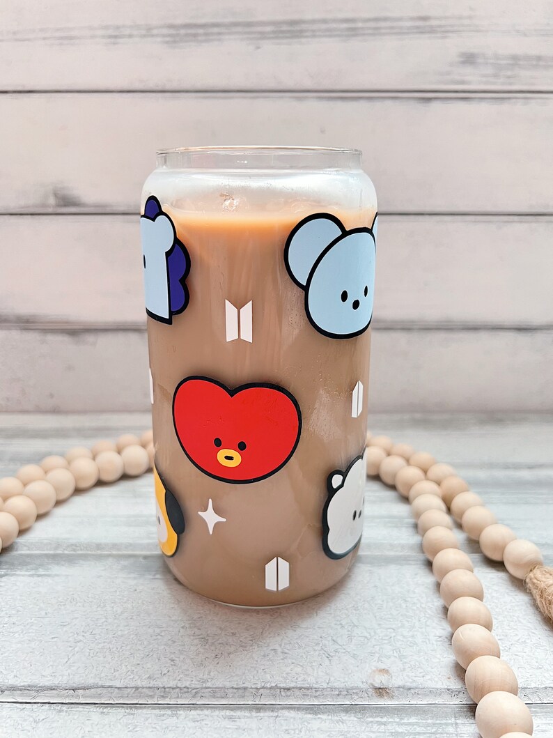 BTS Iced Coffee Glass BT21 Minini Heads Beer Can Glass BTS - Etsy