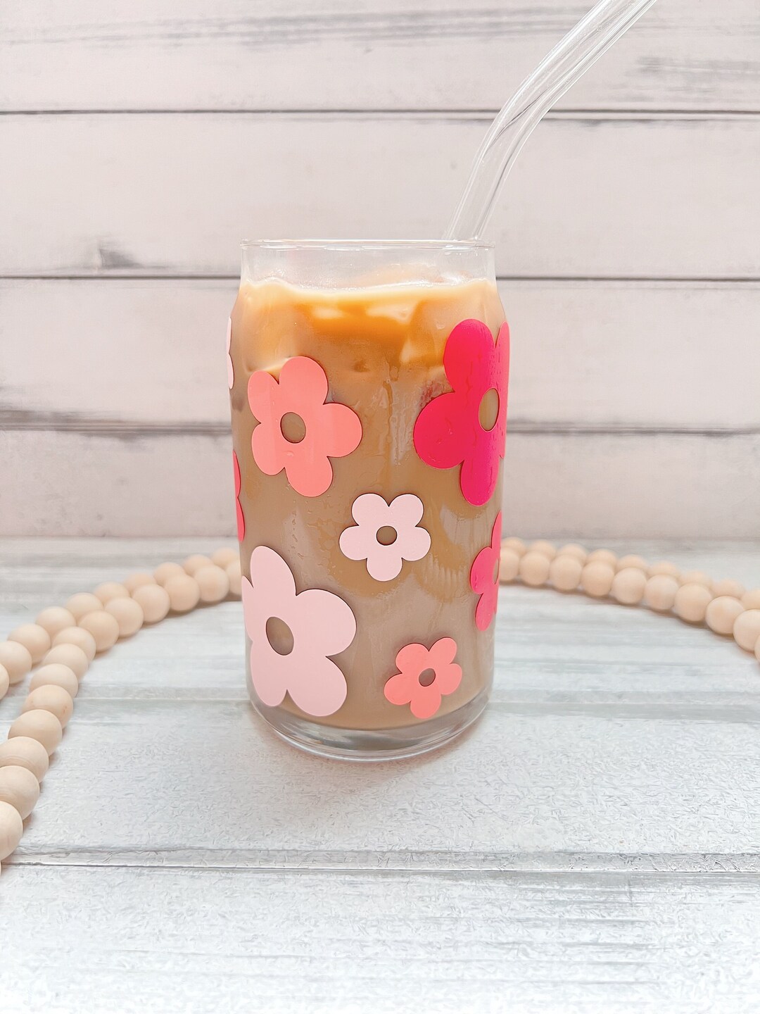 Pink Retro Flower Iced Coffee Glass Daisy Beer Glass Can Pink Ombre ...