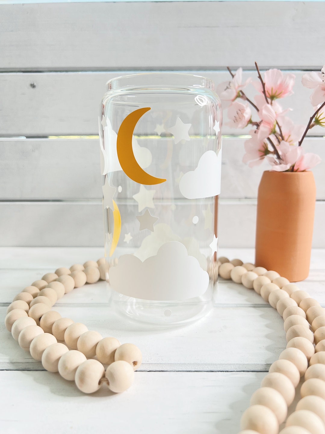 Cloud Cup Cloudy Night Iced Coffee Glass Clouds Moons Stars Yellow Moon ...