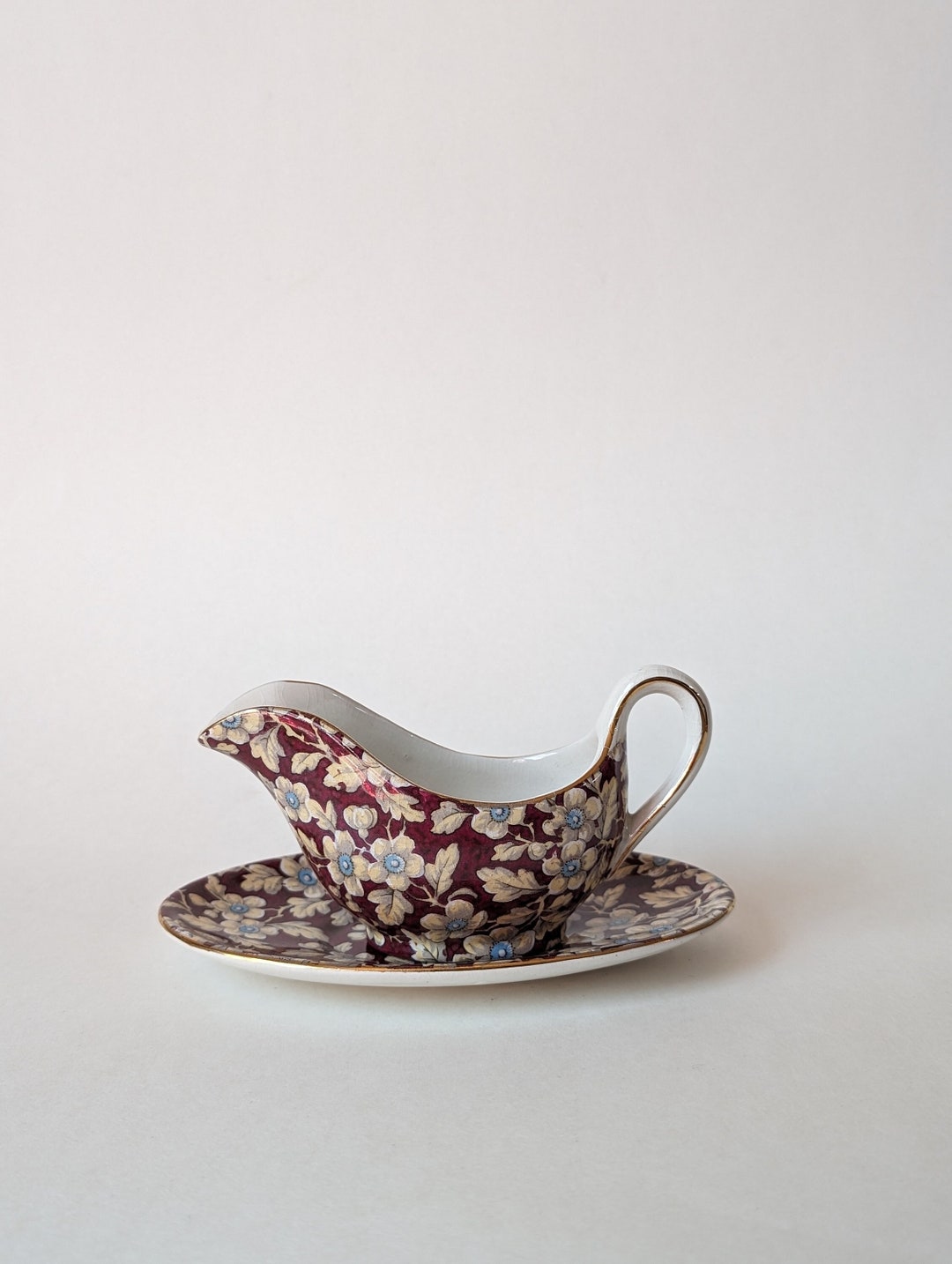 Vintage Lord Nelson Ware Royal Brocade Maroon Floral Gravy Boat Creamer ...