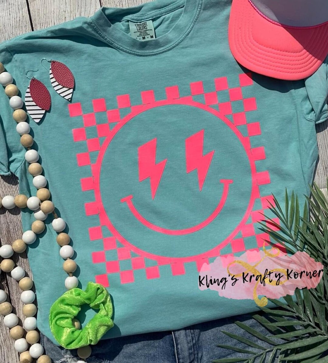 Neon Pink Checkered Happy Face Puff Comfort Colors Tshirt Preppy ...