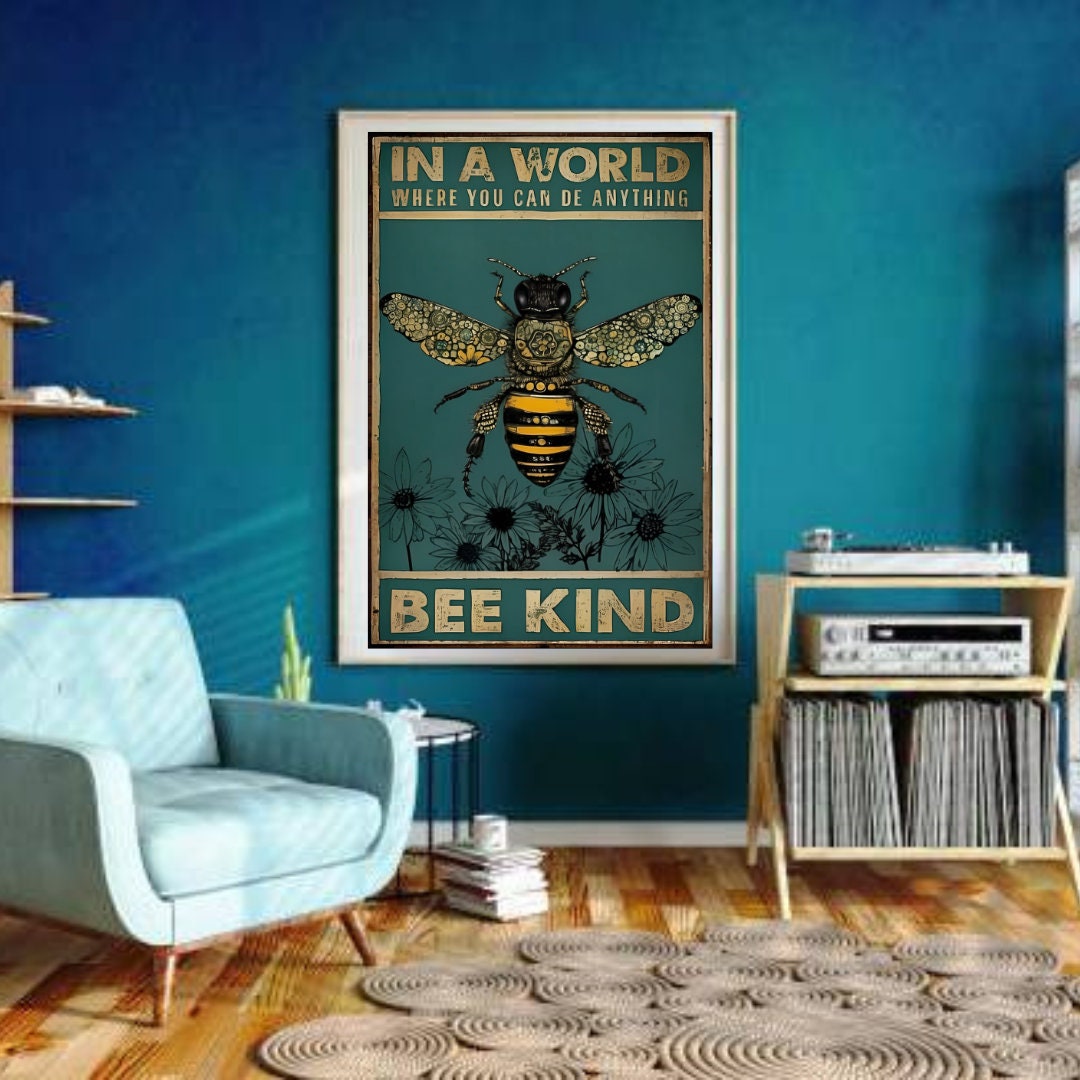 Retro Vintage Wall Art, Bee Kind Poster, Positive Inspirational Quotes ...