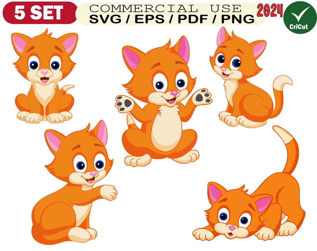 Cute Kitten SVG Bundle,cartoon Cat Clipart Set,red Kitten Vector Files ...