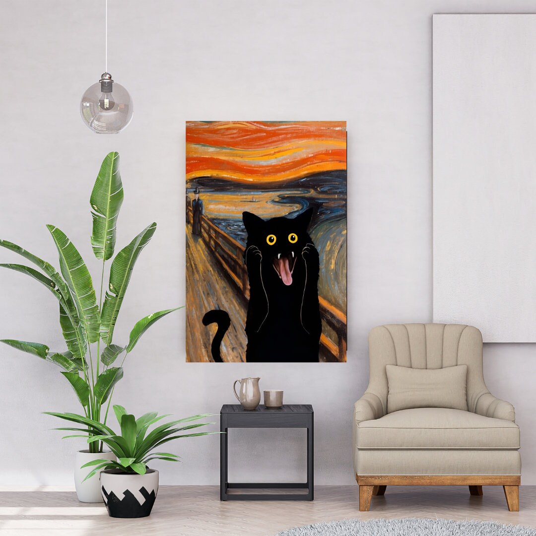 Spoof Famous Oil Painting Poster, Scream Black Cat Poster, Humorous ...