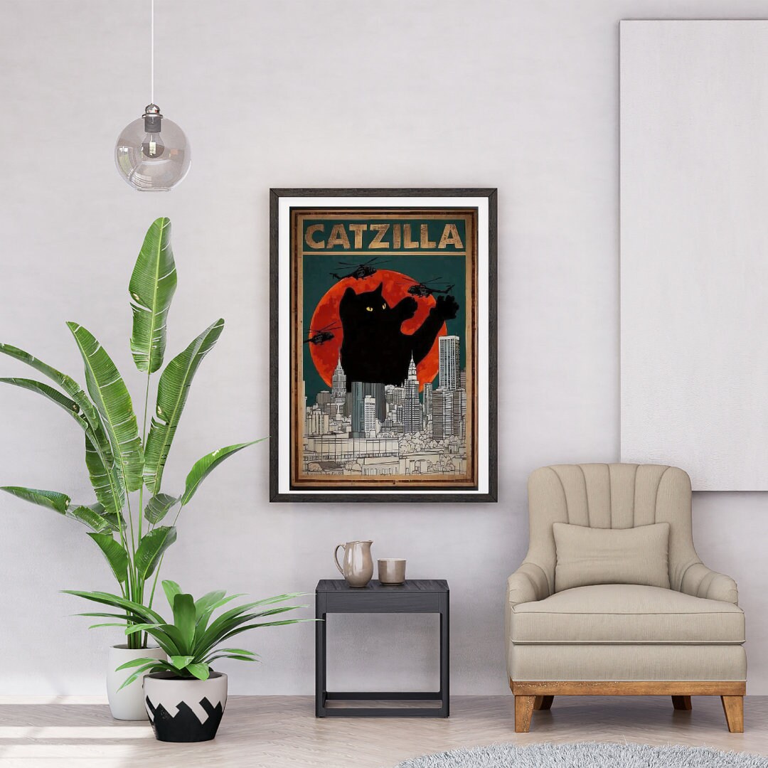 Catzilla Poster, Cat Humor Artwork, Geeky Wall Decor, Monster Cat Print ...