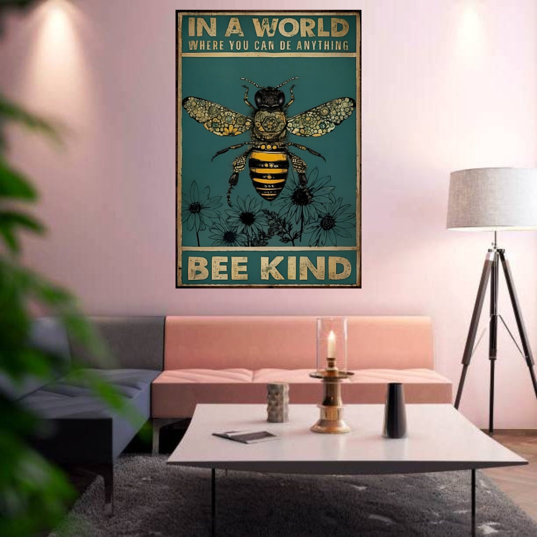 Retro Vintage Wall Art, Bee Kind Poster, Positive Inspirational Quotes ...