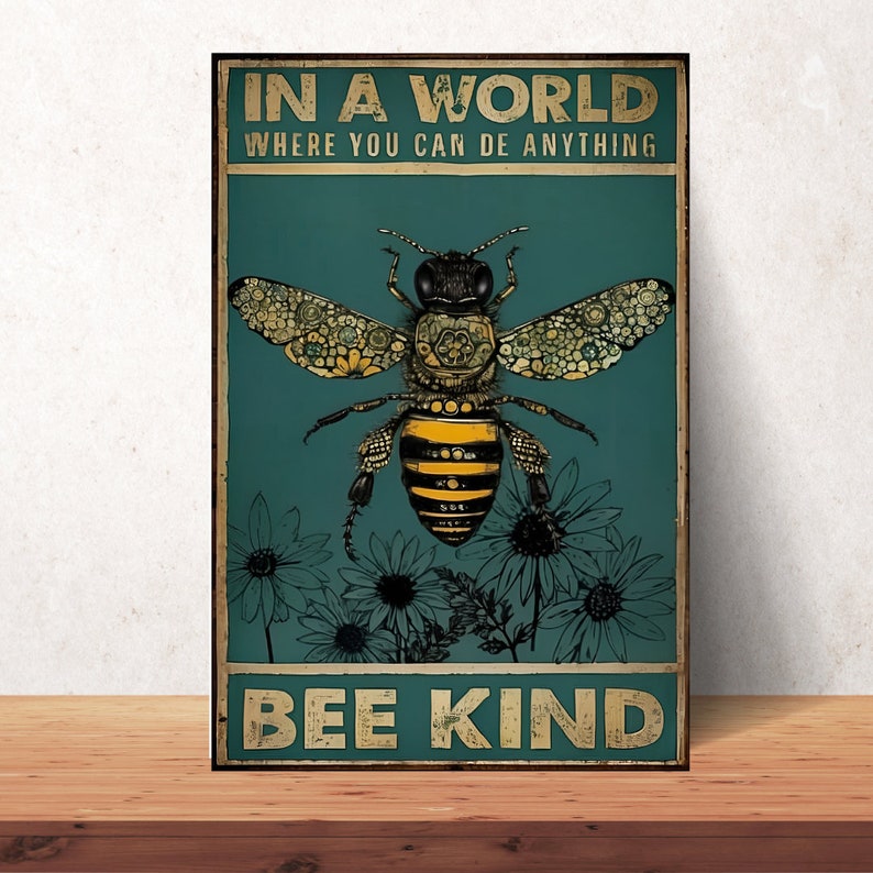 Retro Vintage Wall Art, Bee Kind Poster, Positive Inspirational Quotes ...